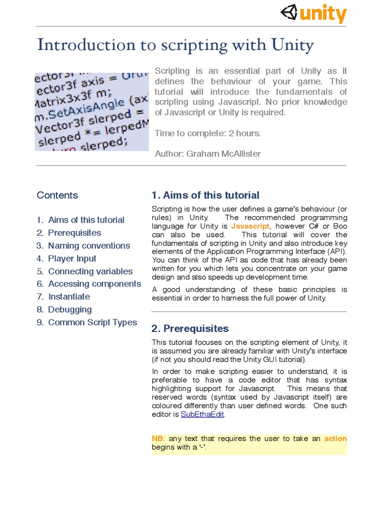Introduction To Scripting With Unity: 1. Aims of This Tutorial | PDF | Parameter (Computer ...