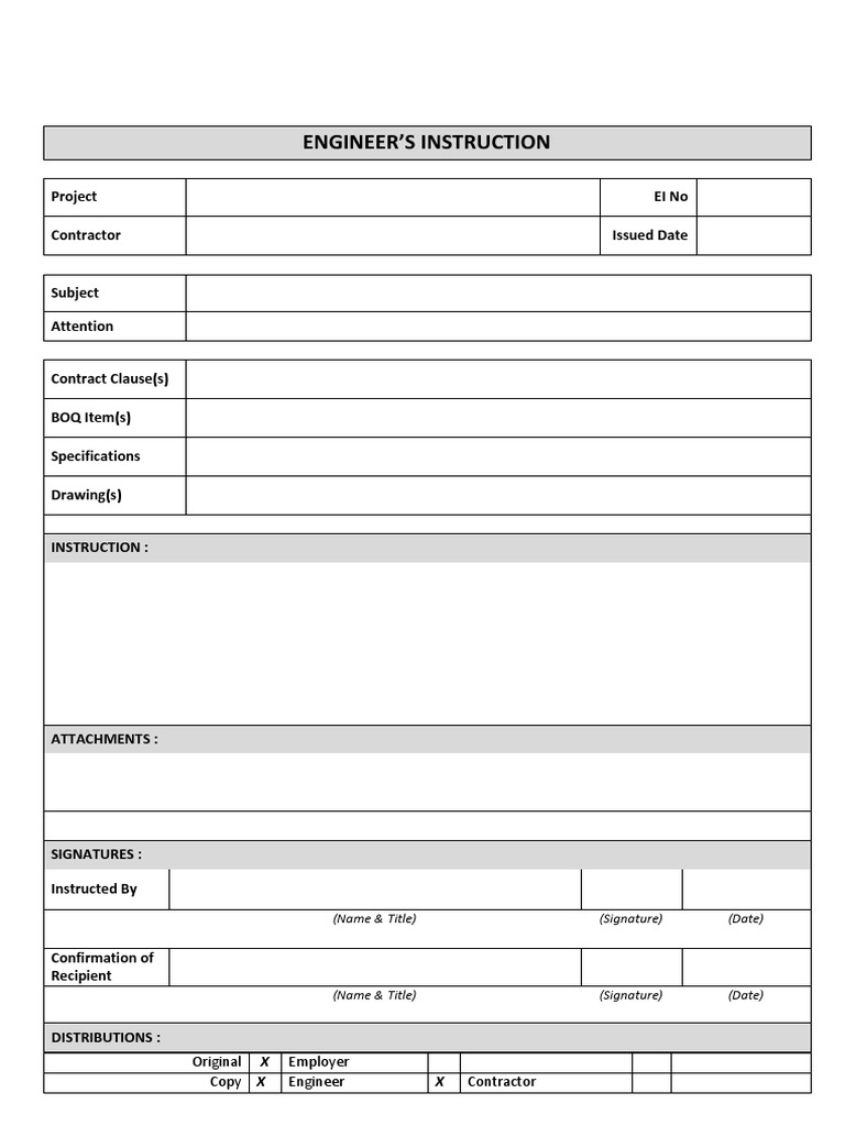 Engineer'S Instruction: Project Ei No Contractor Issued Date | PDF