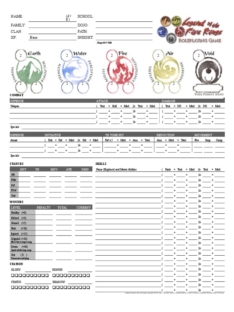 Legend of Five Rings Character Sheet (Page 1)