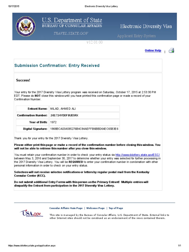 Submission Confirmation: Entry Received: v12.01.00 Applicant Entry ...