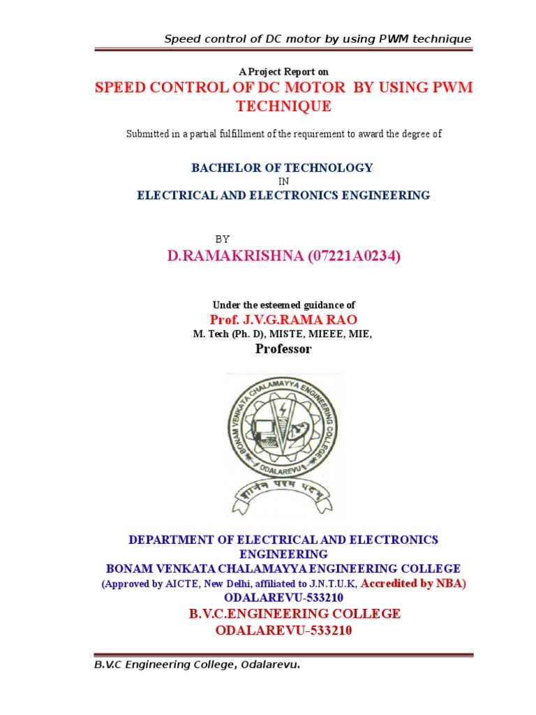 Project Report On Speed Control of DC Motor by Using PWM Technique ...
