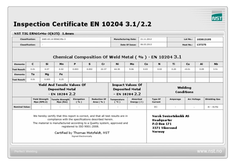 Inspection Certificate EN 10204 3.1/2.2: Chemical Composition of Weld Metal (%) - EN 10204 | PDF
