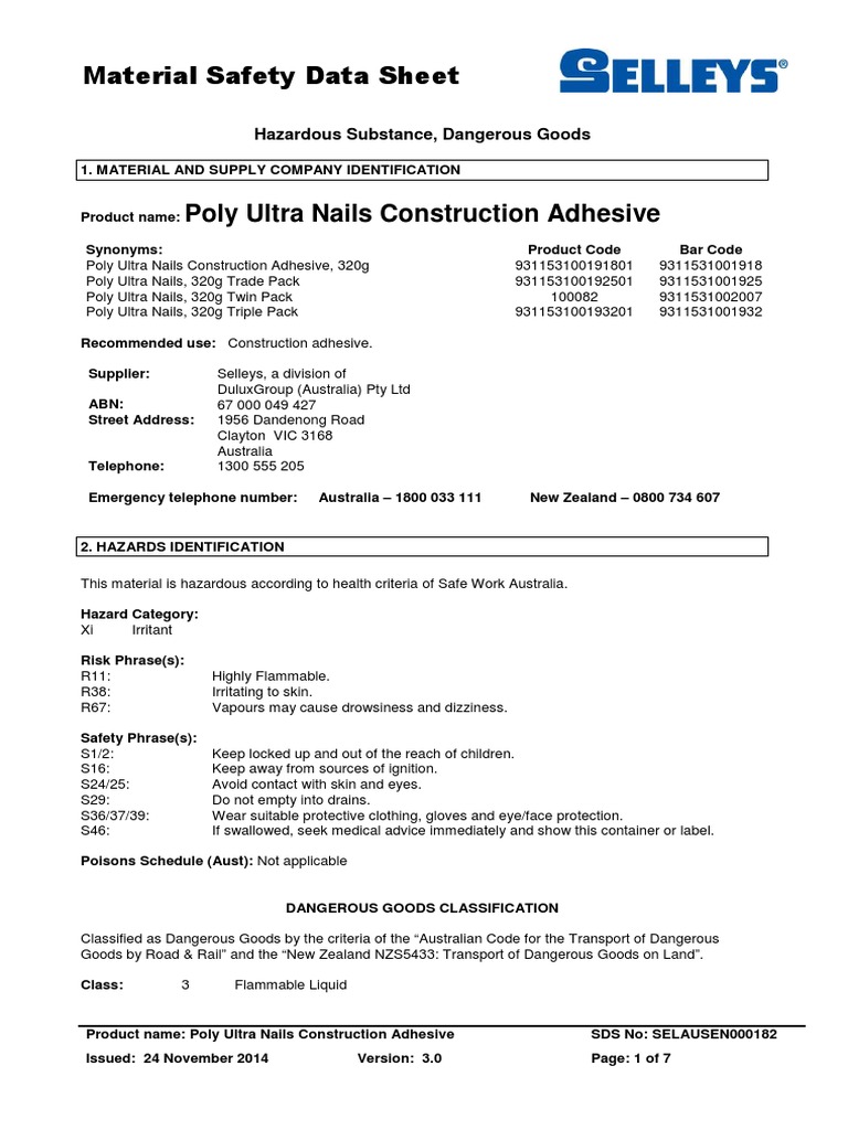 Poly Ultra Nails Construction Adhesive-Aus Sds | Dangerous Goods ...
