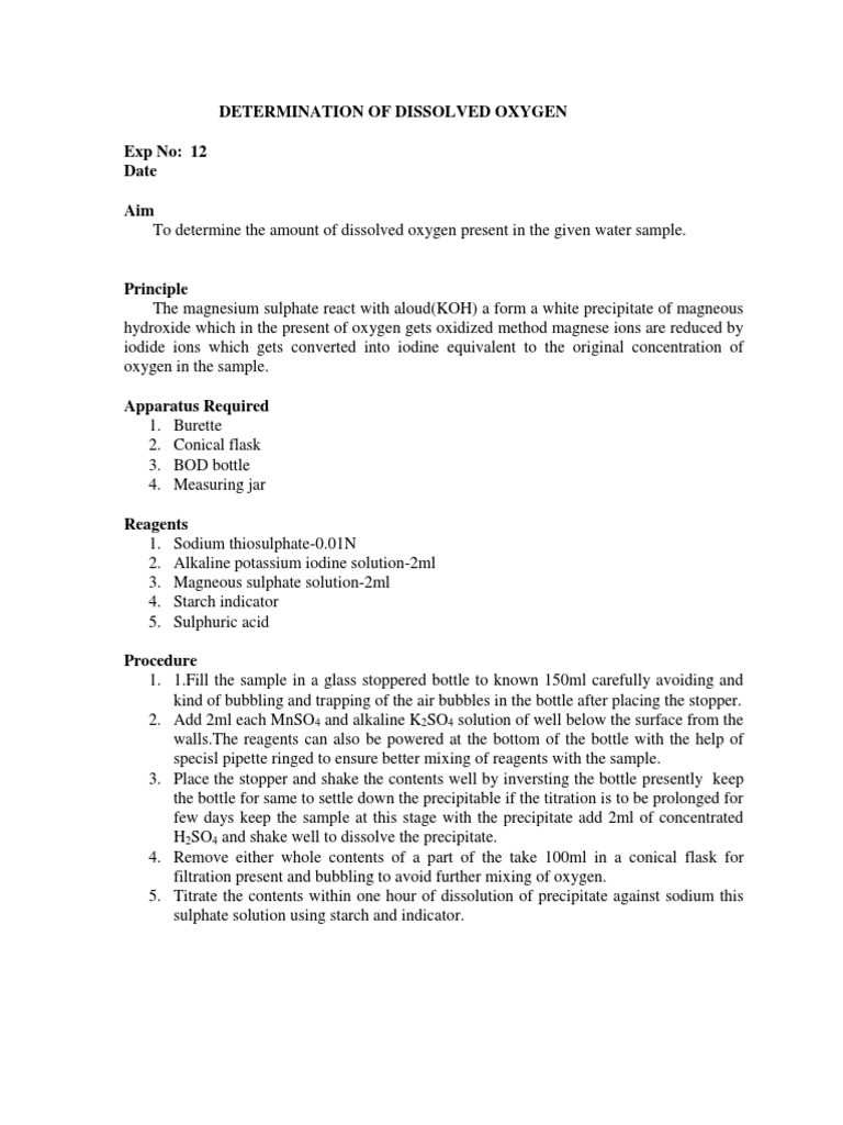 Determining Dissolved Oxygen Levels Through Titration: A Procedure for ...