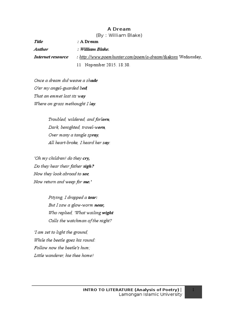 Analysis of Blake's "A Dream" Poem | PDF | Rhyme | William Blake