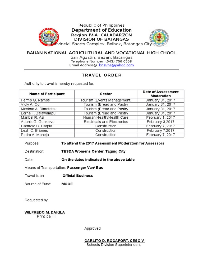 Travel Order for Bauan National Agricultural and Vocational High School ...