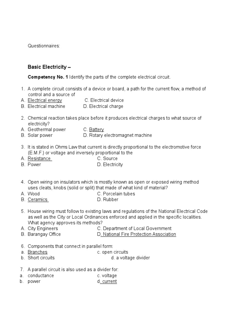 Electricity Questionnaire | Series And Parallel Circuits | Electric Current