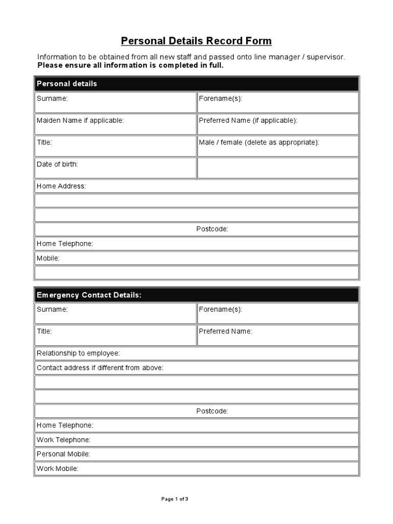 Personal Details Record Form Template | PDF | Career & Growth