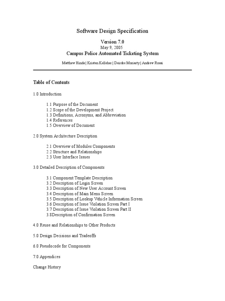 Software Design Specification: Campus Police Automated Ticketing System | PDF | Component Based ...