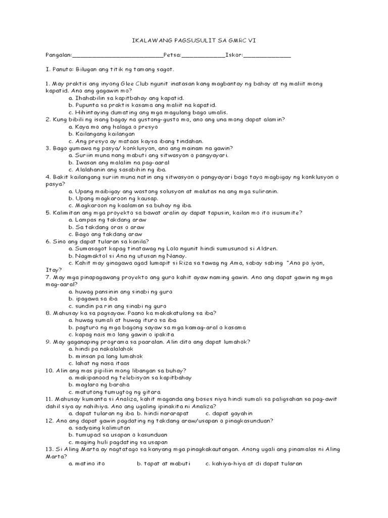 Ikalawang Pagsusulit Sa GMRC VI (#Ctto) | PDF