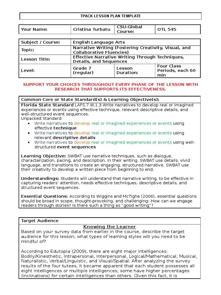 Tpack Lesson Template | PDF | Lesson Plan | Narrative