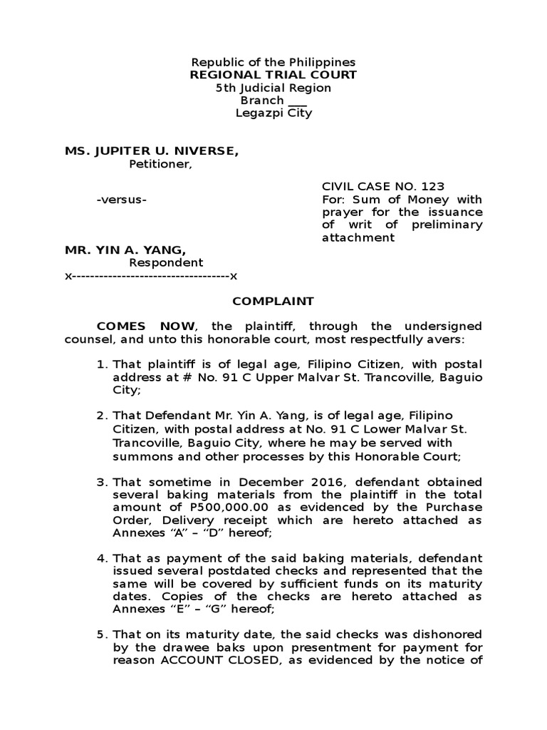 Preliminary Attachment Sample | PDF | Affidavit | Lawsuit