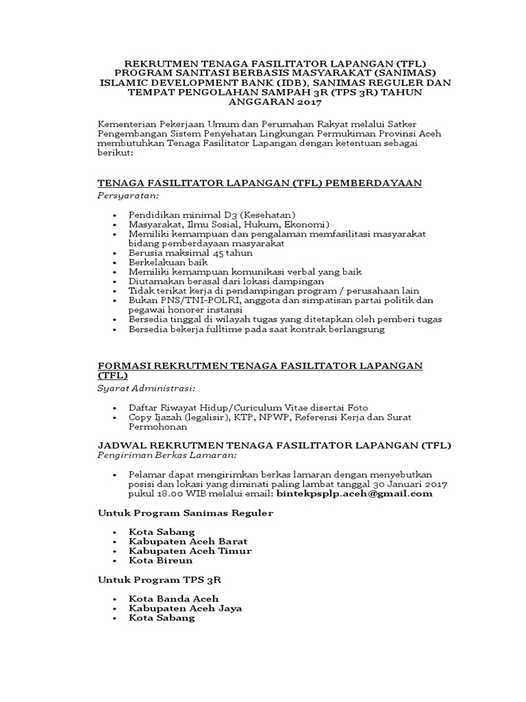 Rekrutmen TFL Sanimas | PDF