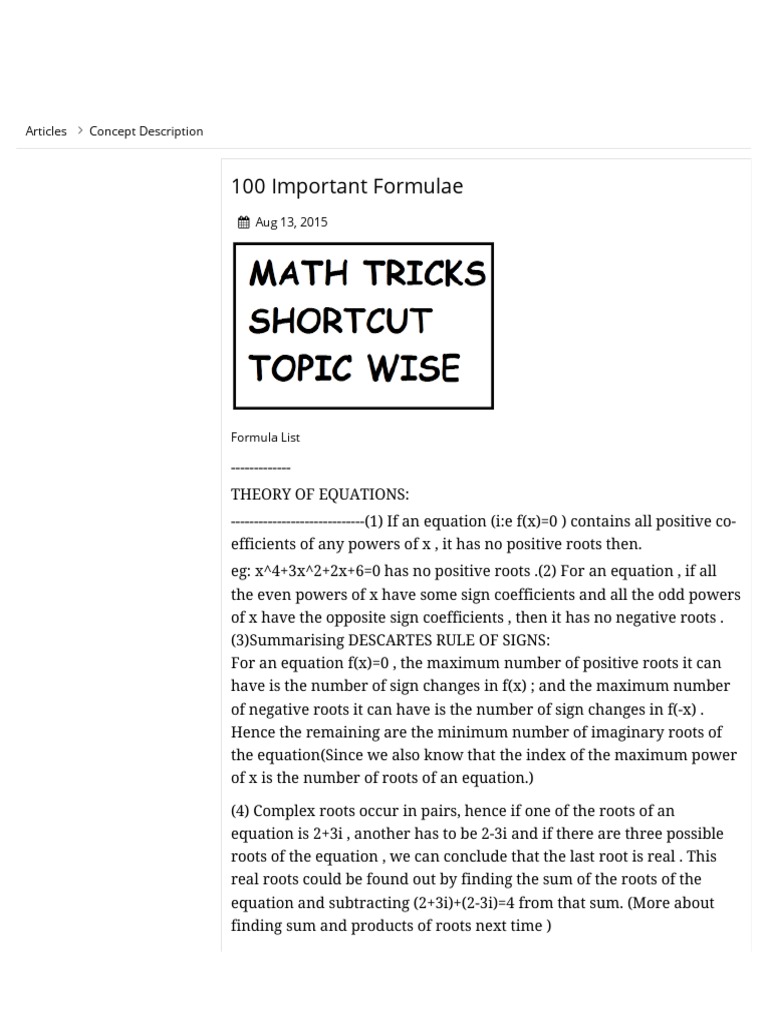 100 Important Formulae: Articles Concept Description | PDF | Numbers ...