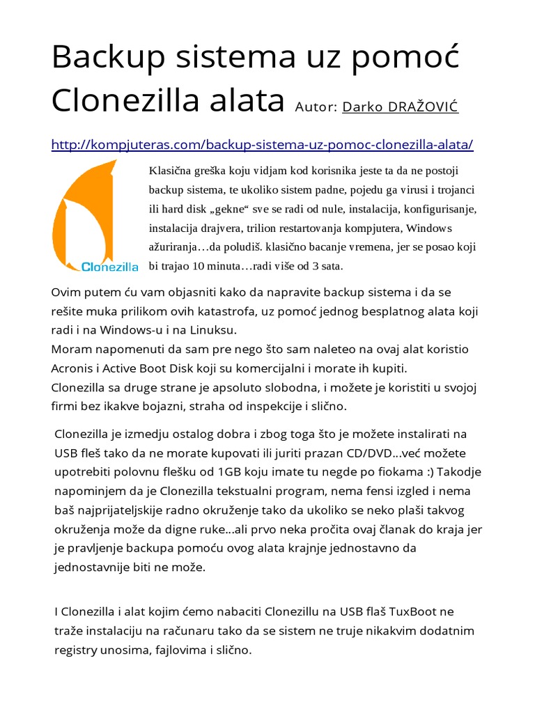 Backup Sistema Uz Pomoć Clonezilla Alata Autor - Darko DRAŽOVIĆ | PDF