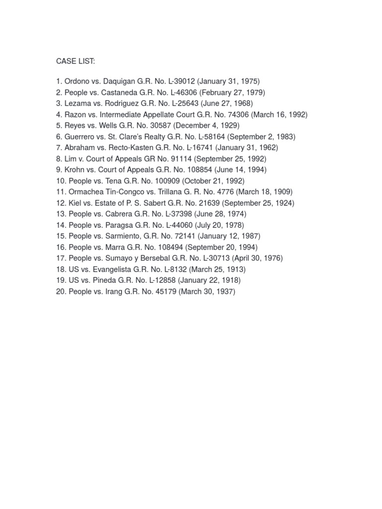 Philippine Case List with 20 Rulings from 1909 to 1994 | PDF