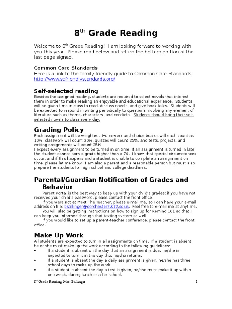 Parent Letter 8 TH Grader DG Still Inger | PDF | Homework | Communication