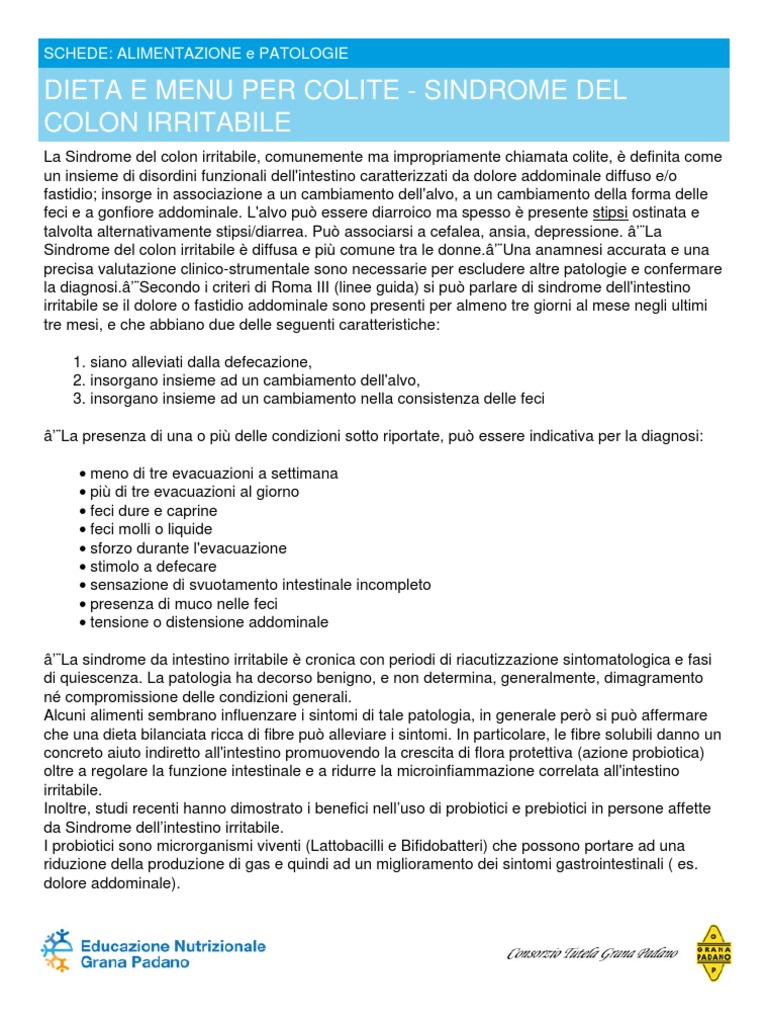 Dieta e Menu Per Colite Sindrome Del Colon Irritabile | PDF