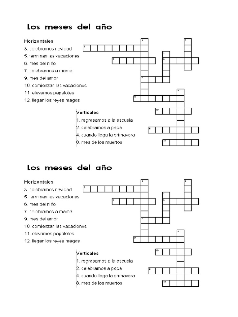 Crucigrama De Los Meses Del Año Plantillas De Crucigramas Para Editar