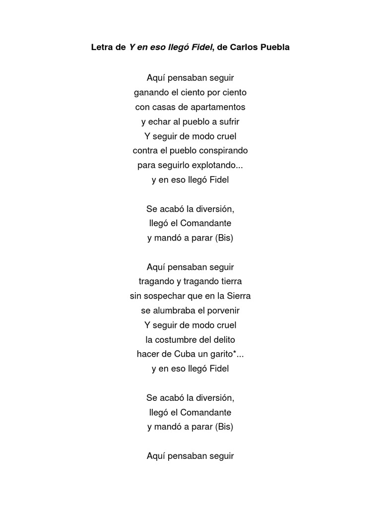 Letra de Y en Eso Llegó Fidel | PDF