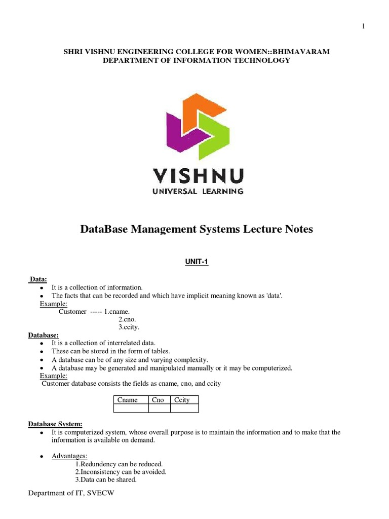 Database Management Systems Lecture Notes 9286340763 | PDF | Databases ...