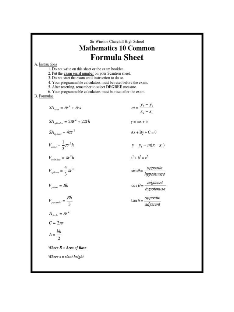 Revised Math 10 Formulas 2015 | PDF