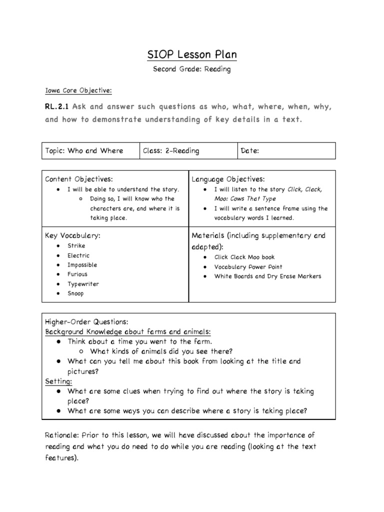 SIOP Lesson Plan | PDF | Vocabulary | Cognitive Science
