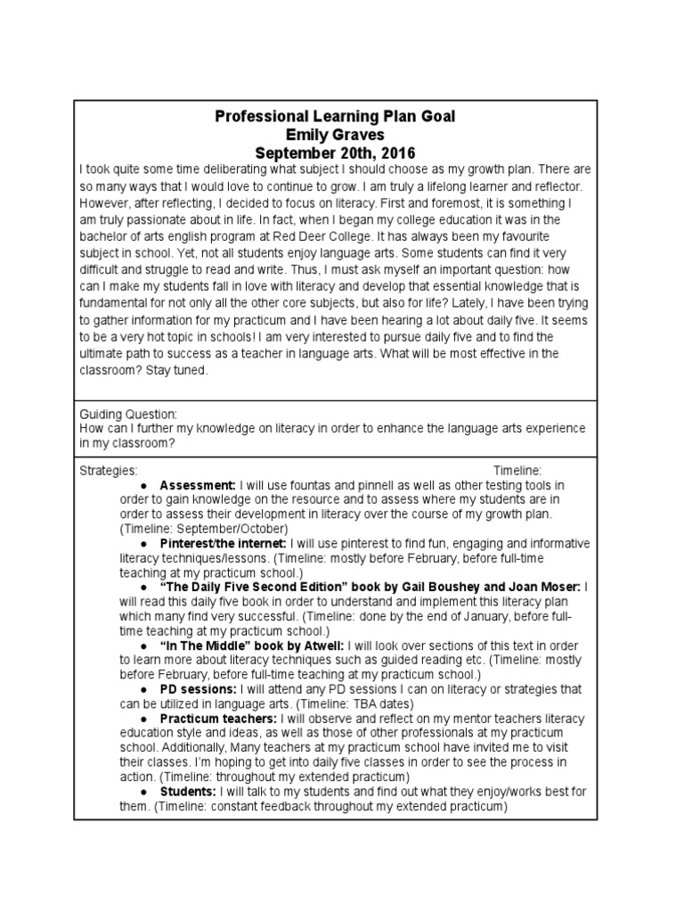 Professional Learning Plan Goal Emily Graves September 20th, 2016 | PDF ...