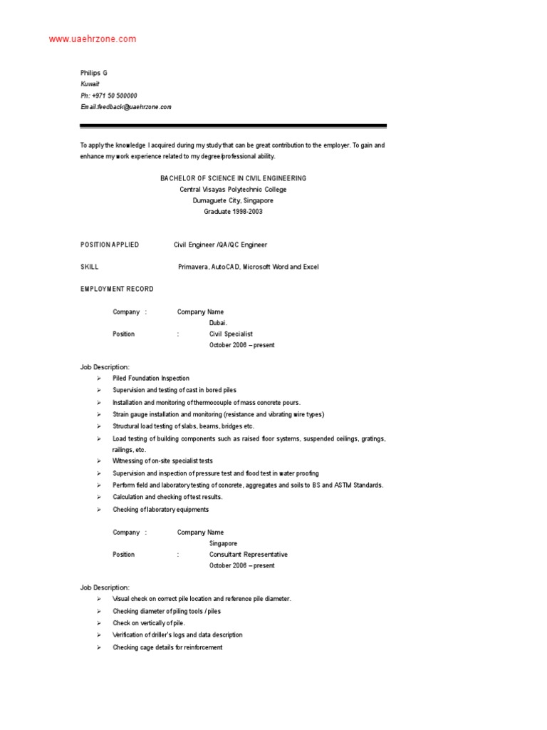 Civil Engineer & QA/QC Resume Sample | PDF | Deep Foundation | Concrete