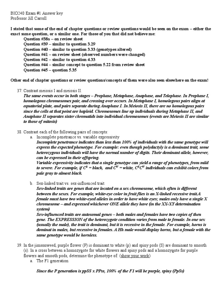 BIO240 Exam - 1 SP13 Answer Key | PDF | Meiosis | Dominance (Genetics)