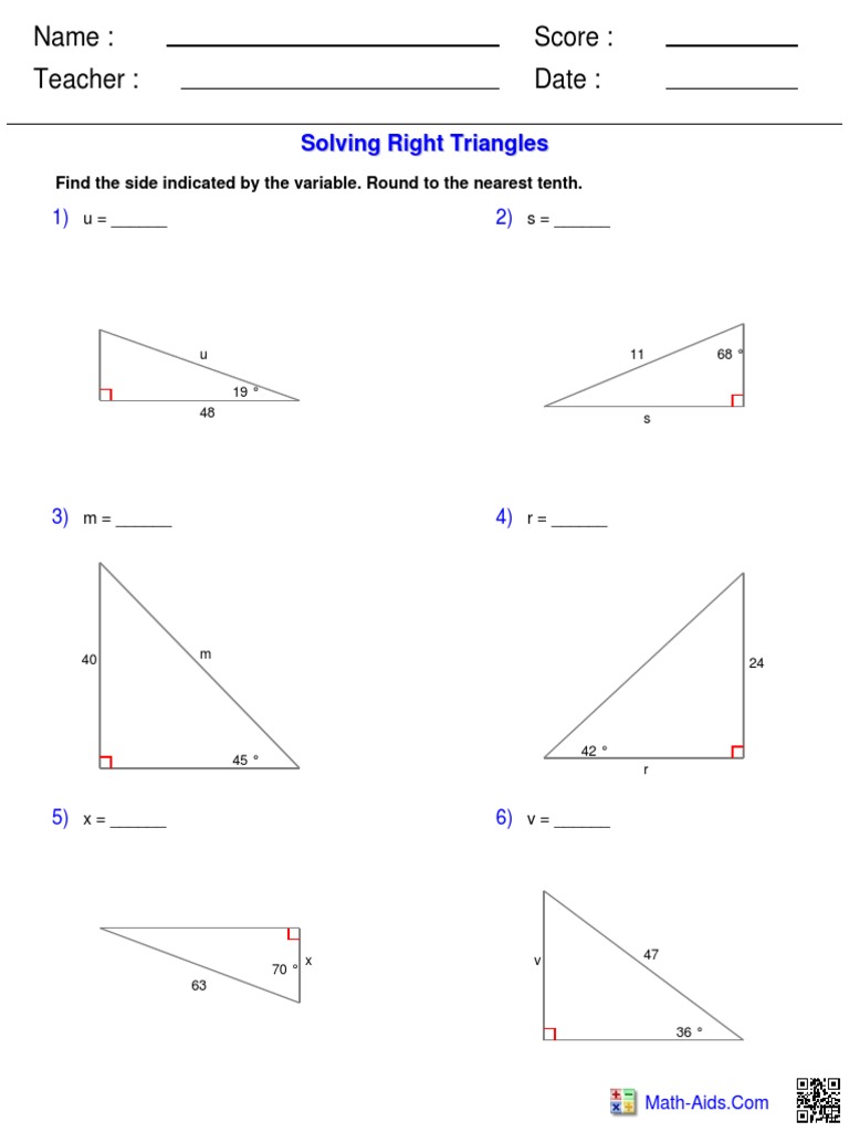 Name: Teacher: Date: Score:: Solving Right Triangles | PDF | Teaching Methods & Materials