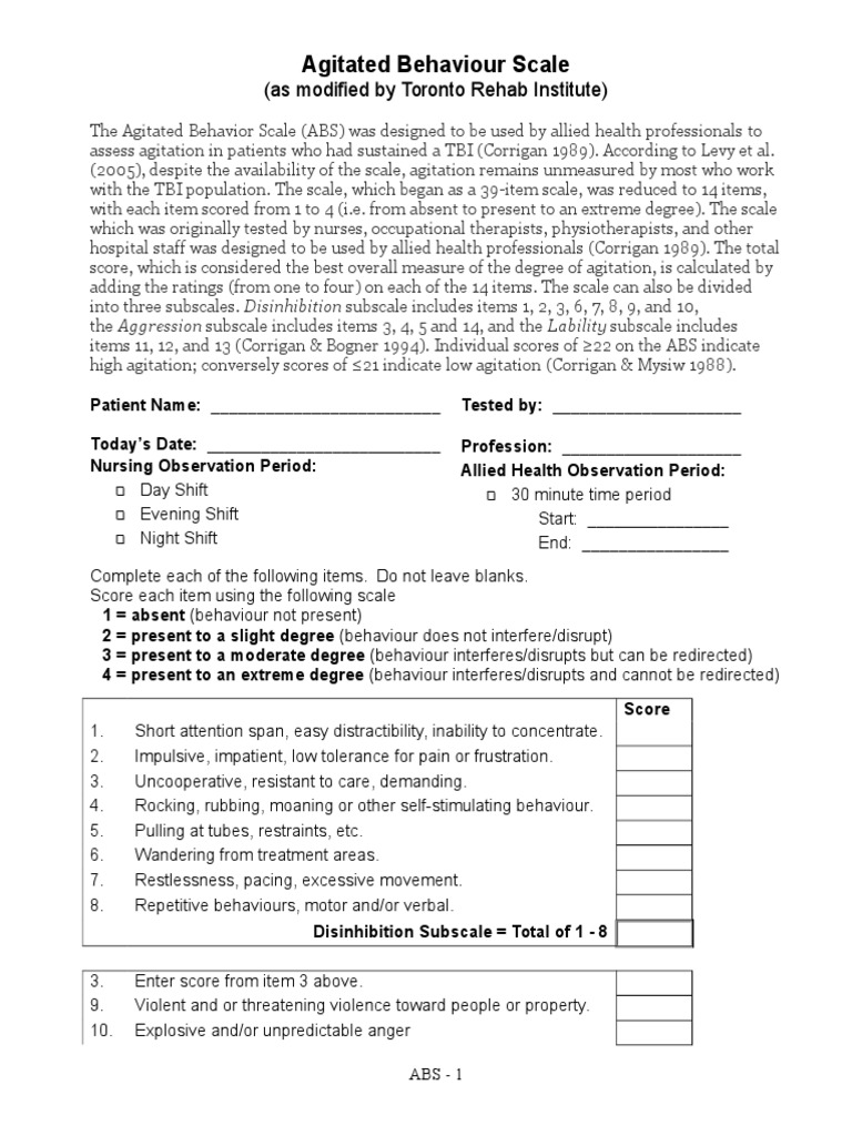 Agitated Behavior Scale Overview | PDF | Health Professional | Physical ...