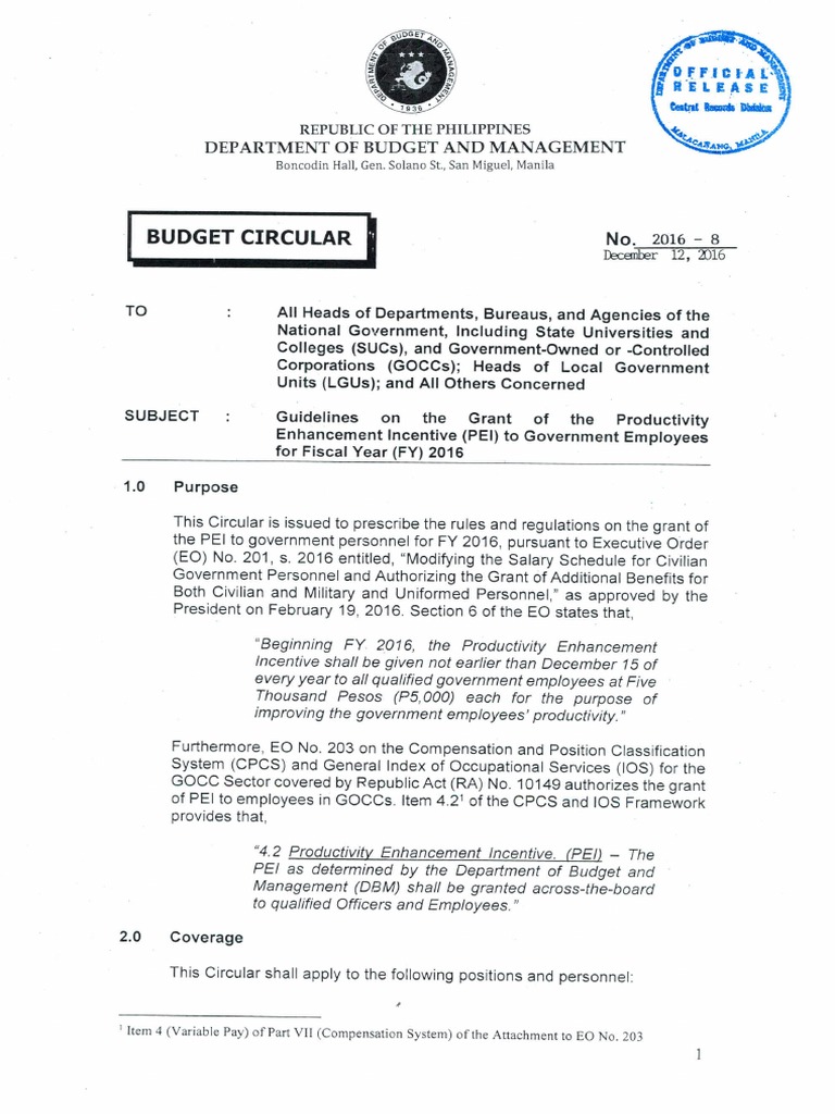 Budget Circular No. 2016 - 8 - Pei 2016 | PDF | Employment | Government