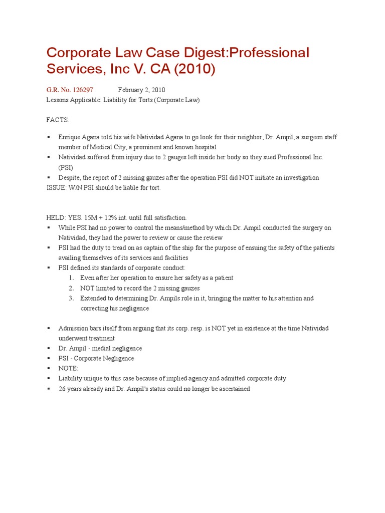 Corporate Law Case Digest:Professional Services, Inc V. CA (2010) | PDF ...