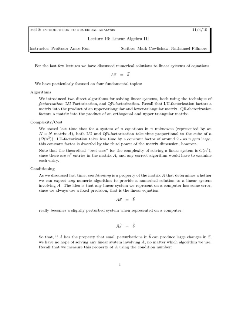 Lecture 16: Linear Algebra III: cs412: Introduction To Numerical Analysis | PDF | System Of ...