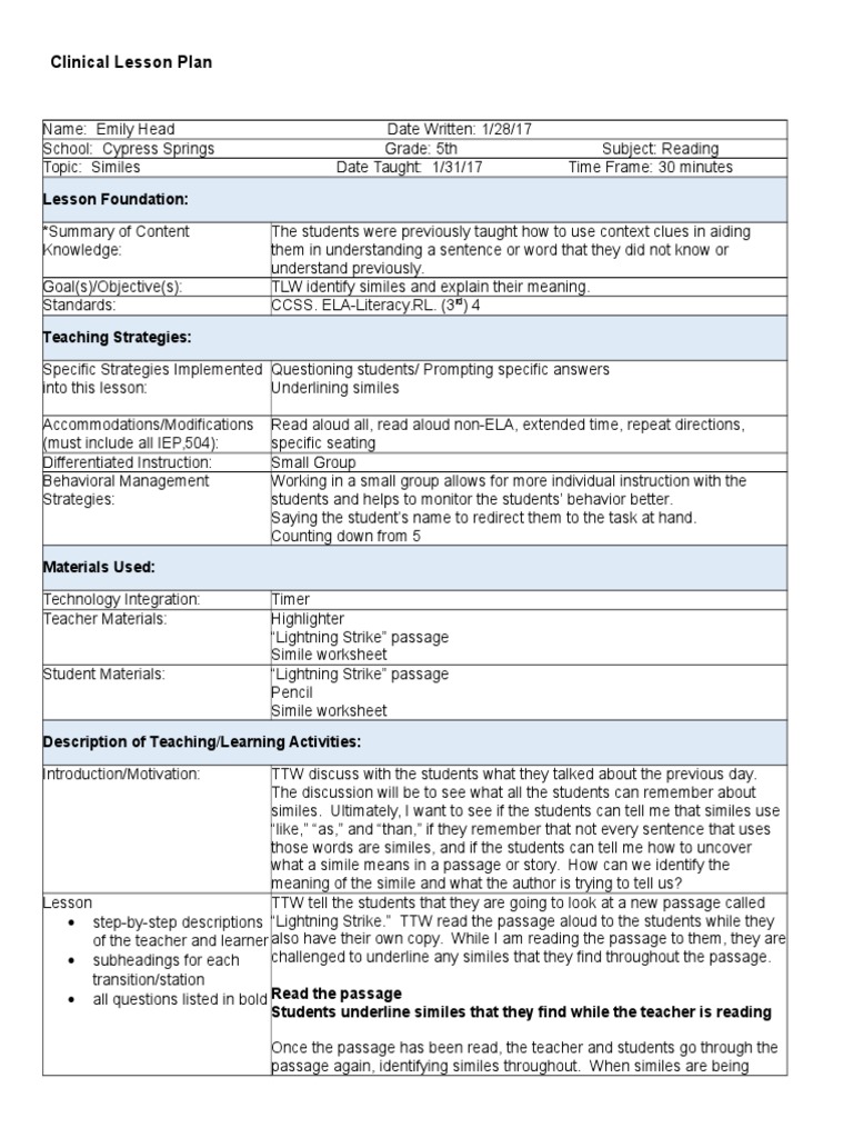 similes lesson plan 3.rtf | Differentiated Instruction | Lesson Plan