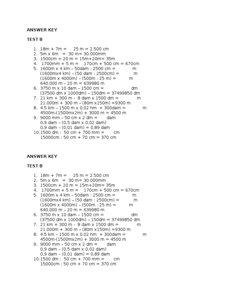 Measurement Conversion Test Answers | PDF | Teaching Methods & Materials