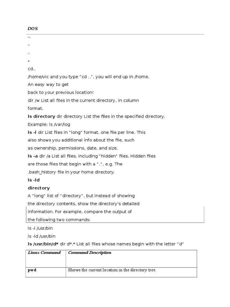 Linux Command Command Description: Shows The Current Location in The Directory Tree | PDF ...