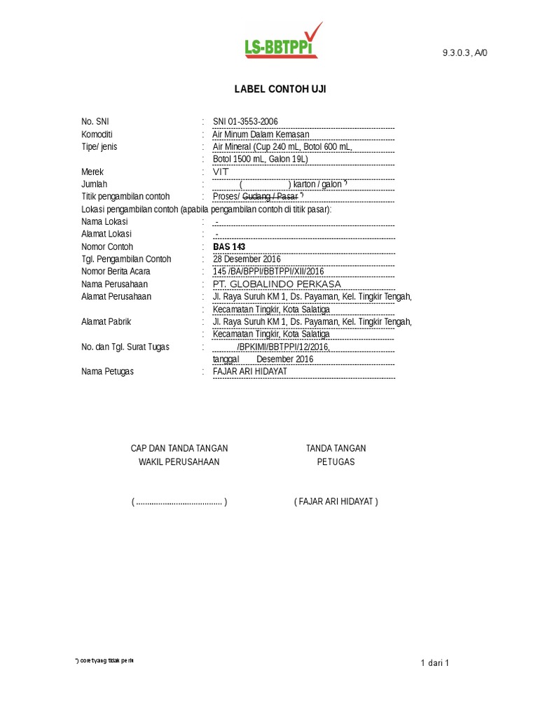 Label Contoh Globalindo Perkasa - VIT 281216 | PDF