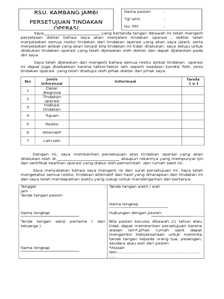 Contoh Formulir Informed Consent Operasi | PDF