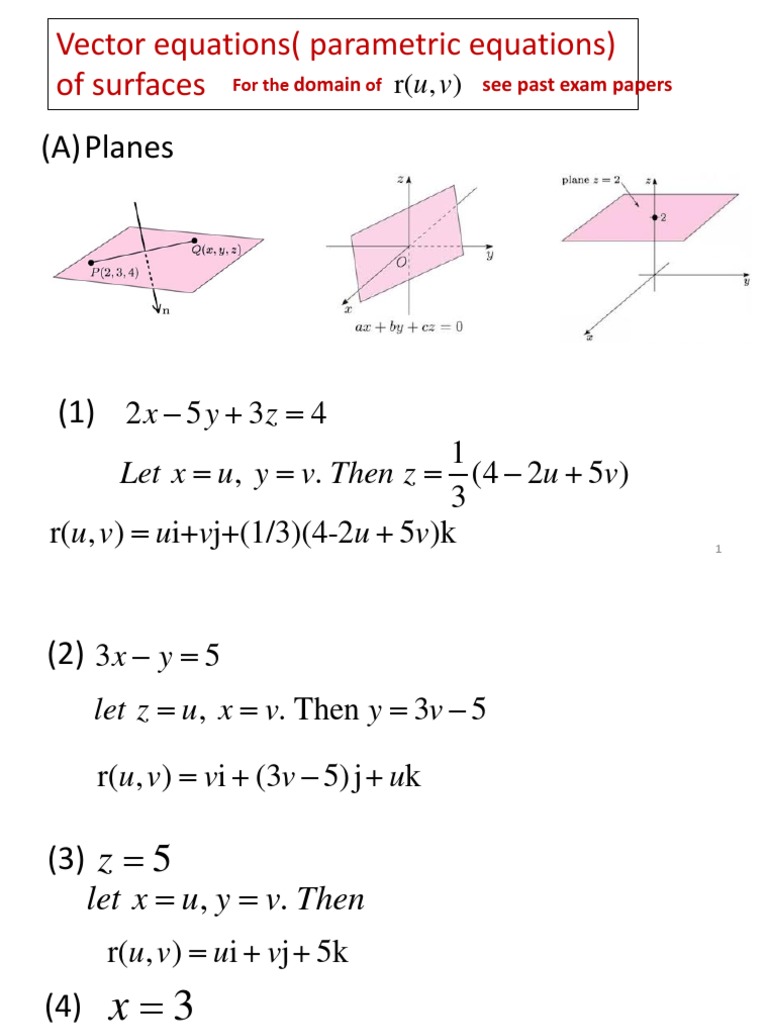 (A) Planes: Vector Equations (Parametric Equations) of Surfaces | PDF