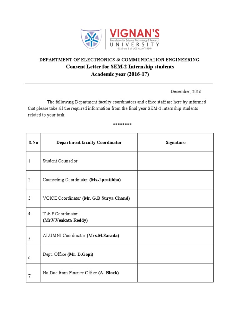 Internship Consent Letter