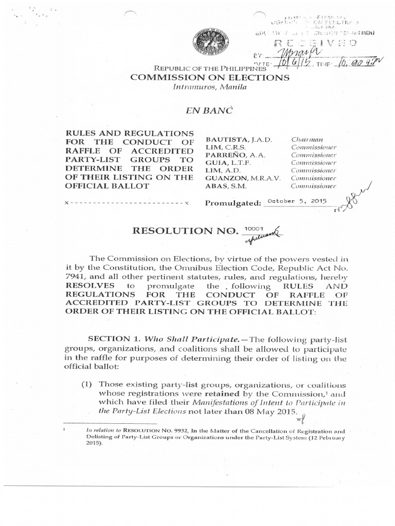 Political Parties (COMELEC Resolution No. 10001)