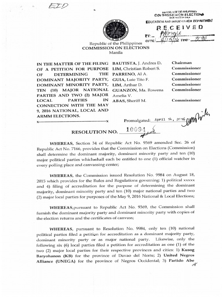 Political Parties (COMELEC Resolution No. 10094) | PDF