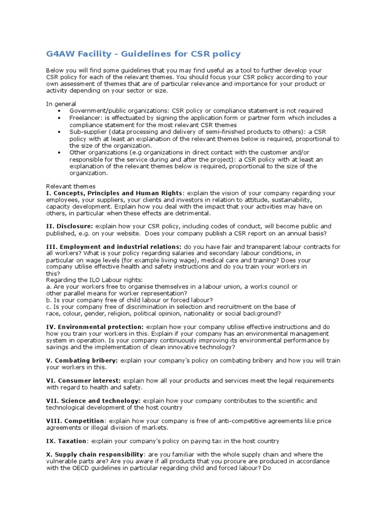 G4AW Facility - Guidelines For CSR Policy | PDF | Corporate Social ...