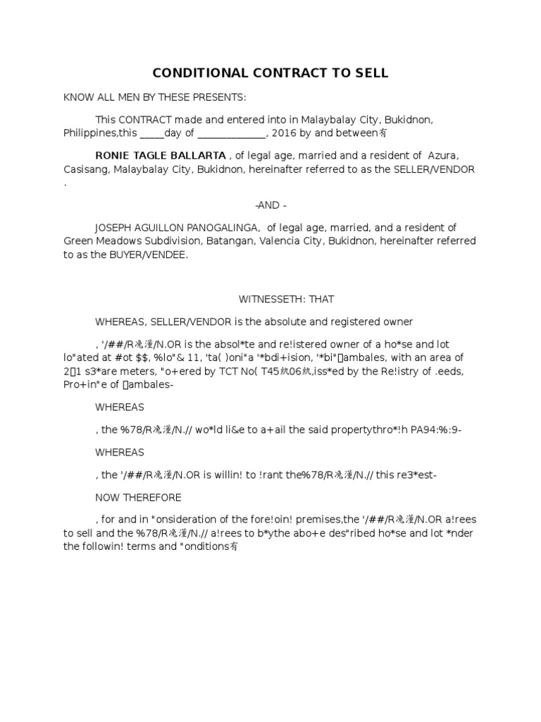 Conditional Contract To Sell: RONIE TAGLE BALLARTA, of Legal Age ...