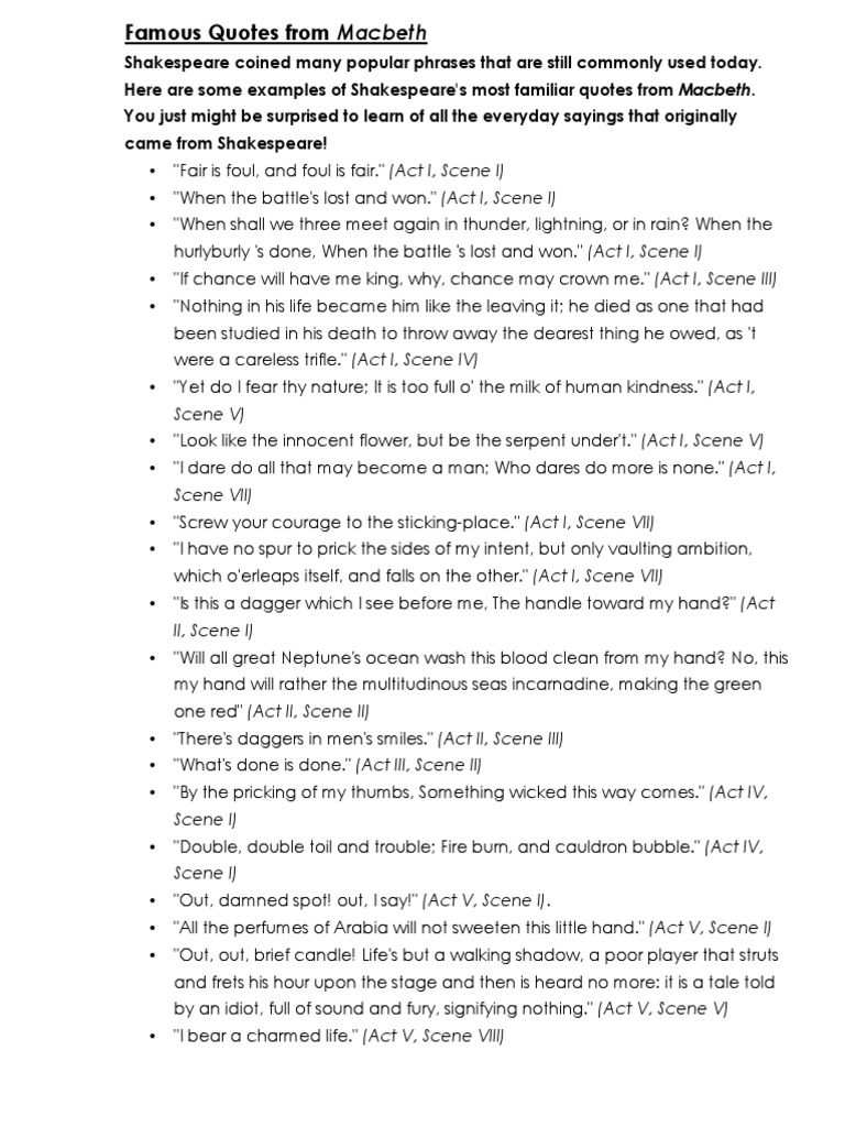 Key Quotes from Shakespeare's Macbeth | PDF | Macbeth