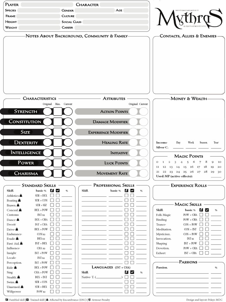 Mythras RPG Character Sheet Template | PDF