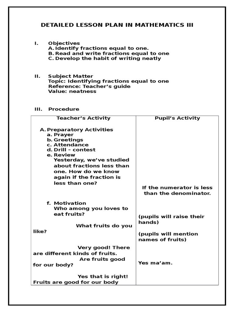 Detailed Lesson Plan in Mathematics III | PDF | Fraction (Mathematics ...