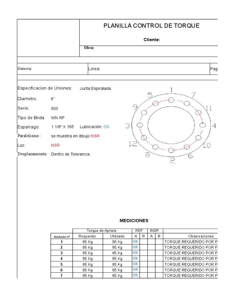 Planilla de Torque de Brida 12 Esparragos